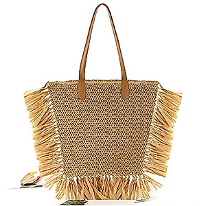 Women Large Fringe Straw Woven Shoulder Bag Summer Beach Top-Handle Bag Travel Tote