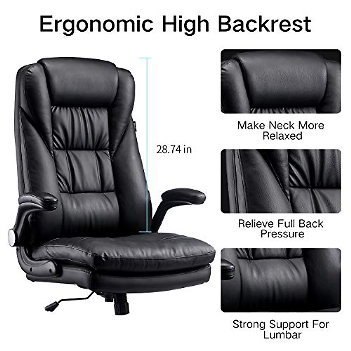 Hbada Executive Office Chair, Big and Tall Desk Chair 400lbs Wide Seat, High Back PU Leather Ergonomic Computer Chair with Adjustable Armrest, 360° Swivel Office Chair Adjustable Height, Black