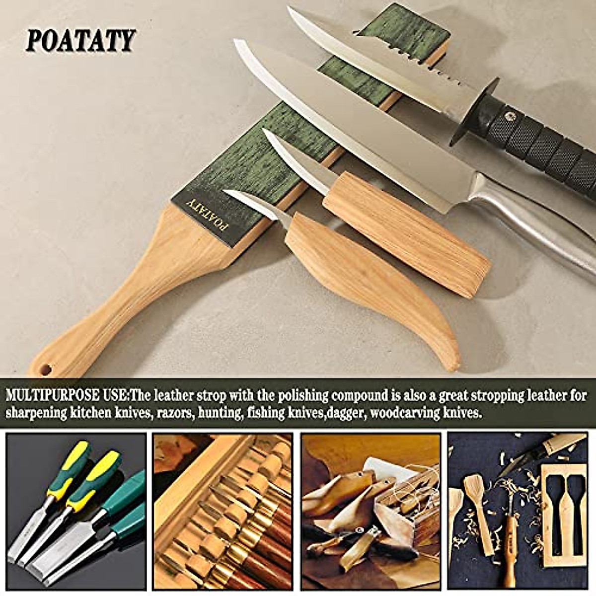 POATATY Leather Strop Paddle with Polishing Compound 14 inch x 2 inch for Sharpening & Honing- Knives Double Sided Strop Paddle - Get Razor-Sharp Edges with Knife Strop Kit