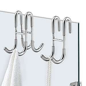 EOFJRUC Shower Door Hooks - 2 Pack Towel Hooks for Bathroom Frameless Glass Shower Door, Stainless Steel Rack Hooks for Hanging Towel, Bathrobe, Squeegee (Silver)