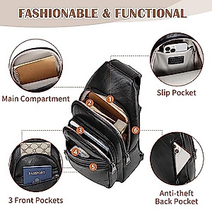 RAVUO Sling Bag, PU Leather Crossbody Backpack for Women Men Casual Hiking Daypack Multipurpose Chest Bag for Work College Black