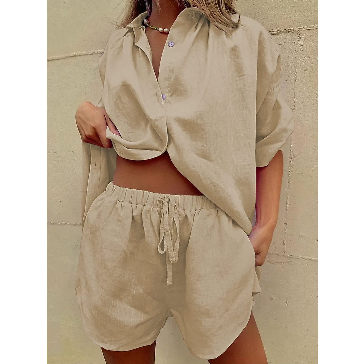 Meenew Women's 2 Piece Outfits Short Sleeve Shirt and Shorts Set Button Down Lounge Set Sweatsuits Pajama Set L Light Khaki