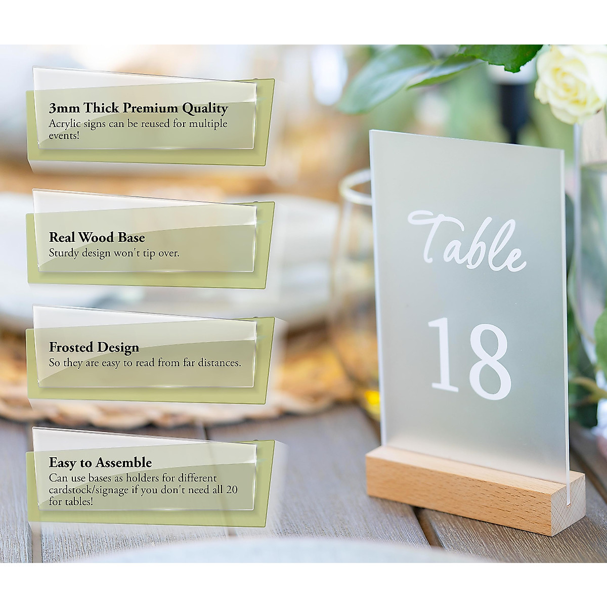 Table Numbers for Events/Weddings - 1-20 Numbered Acrylic Table Number Holders - Rustic Table Number Stands w/Wooden Base - Wedding Table Numbers - Acrylic Table Signs for Receptions, Parties & More