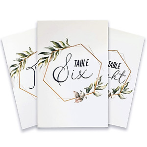 Table Numbers 1-25 with Table Head (4x6 inches) , Wedding Table Numbers , Table Numbers for Wedding Reception , Geometry Golden Frames & Watercolor Drawn Branches of Green Leaves & Succulent Design