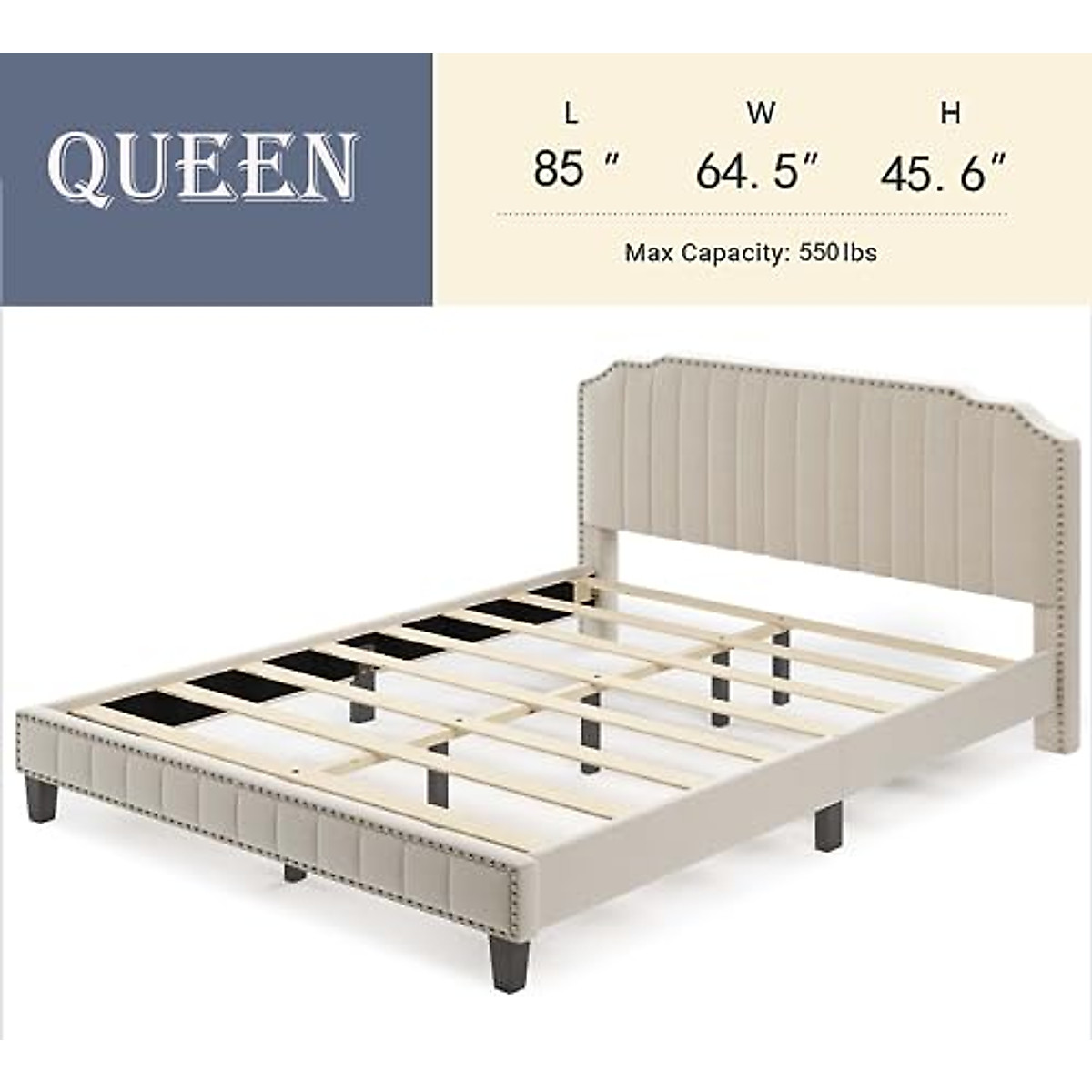 Queen Size Linen Upholstered Platform Bed Frame with Soft Nailhead Headboard and Wooden Slats Support, No Box Spring Needed for Boys Girls Teens Adults, Noise-Free, Under Bed Storage (Queen)