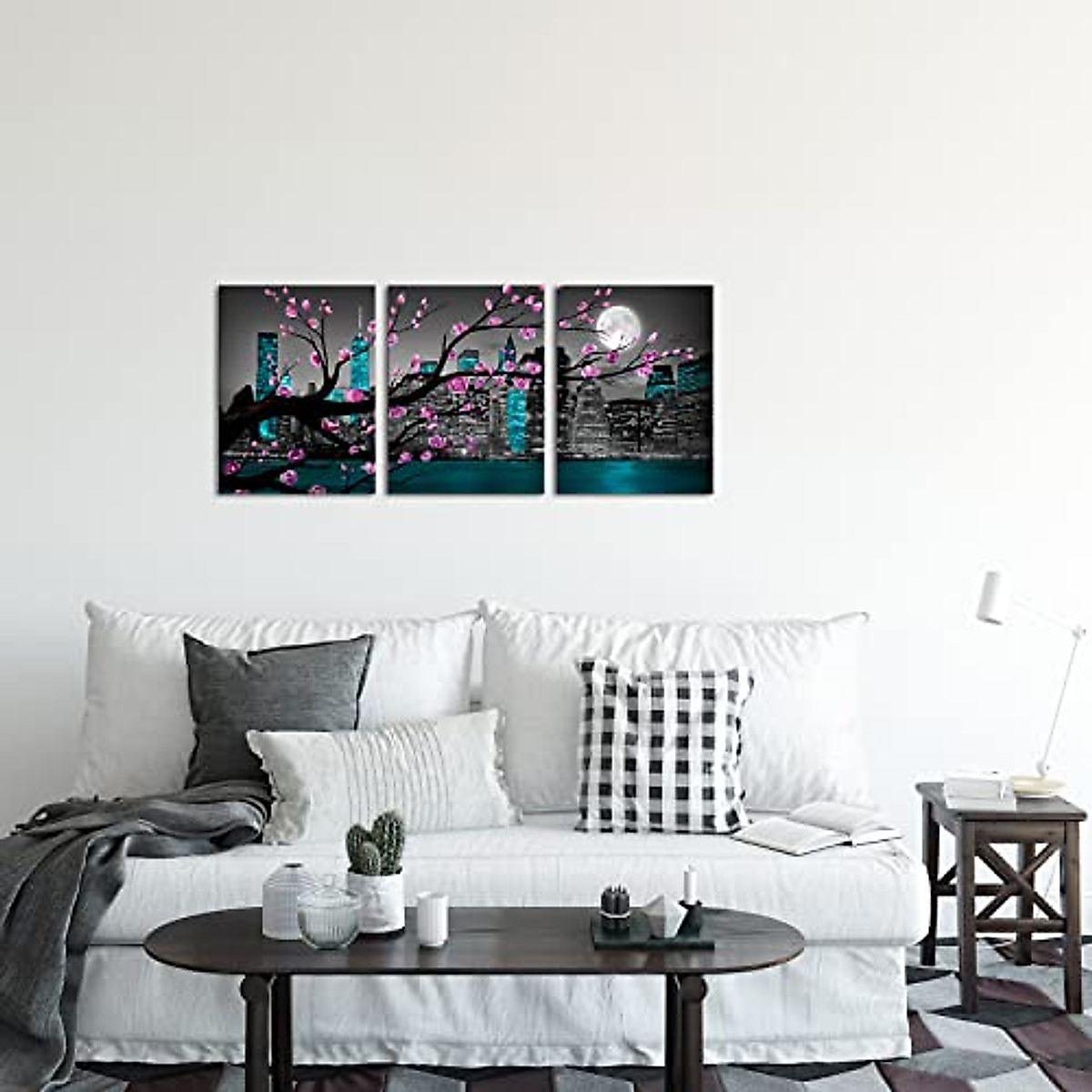 SiMiWOW Black and Pink Wall Decor Teal Blue New York City Wall Art Full Moon Night Pink Magnolia Flower Painting Framed Canvas Prints Bedroom Living Room Decor (12"x16"x3 Panels)