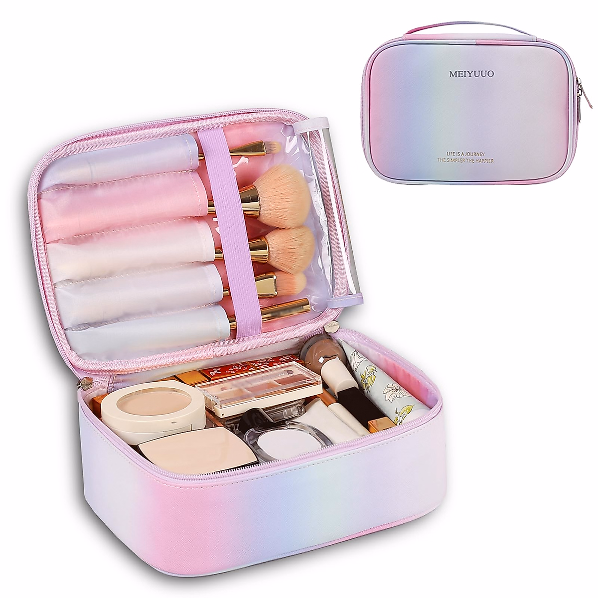 Meiyuuo Gradient Makeup Bag Large Travel Makeup Case Cosmetic Bags for Women Carry on Zipper Pouch Toiletry Bag Cute Colorful Organizer(Rainbow Pink)