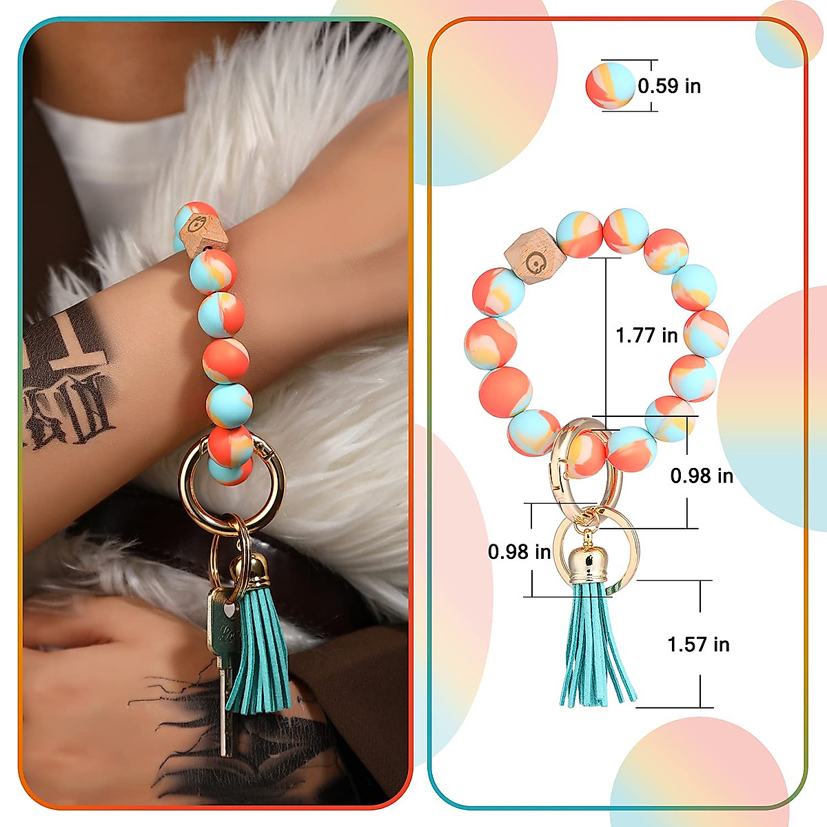 Coolcos Silicone Key Ring Bracelet for Women Portable Keychain Holder, Car Keychain Elastic Beaded Wristlet with Tassel (rainbow colorful)