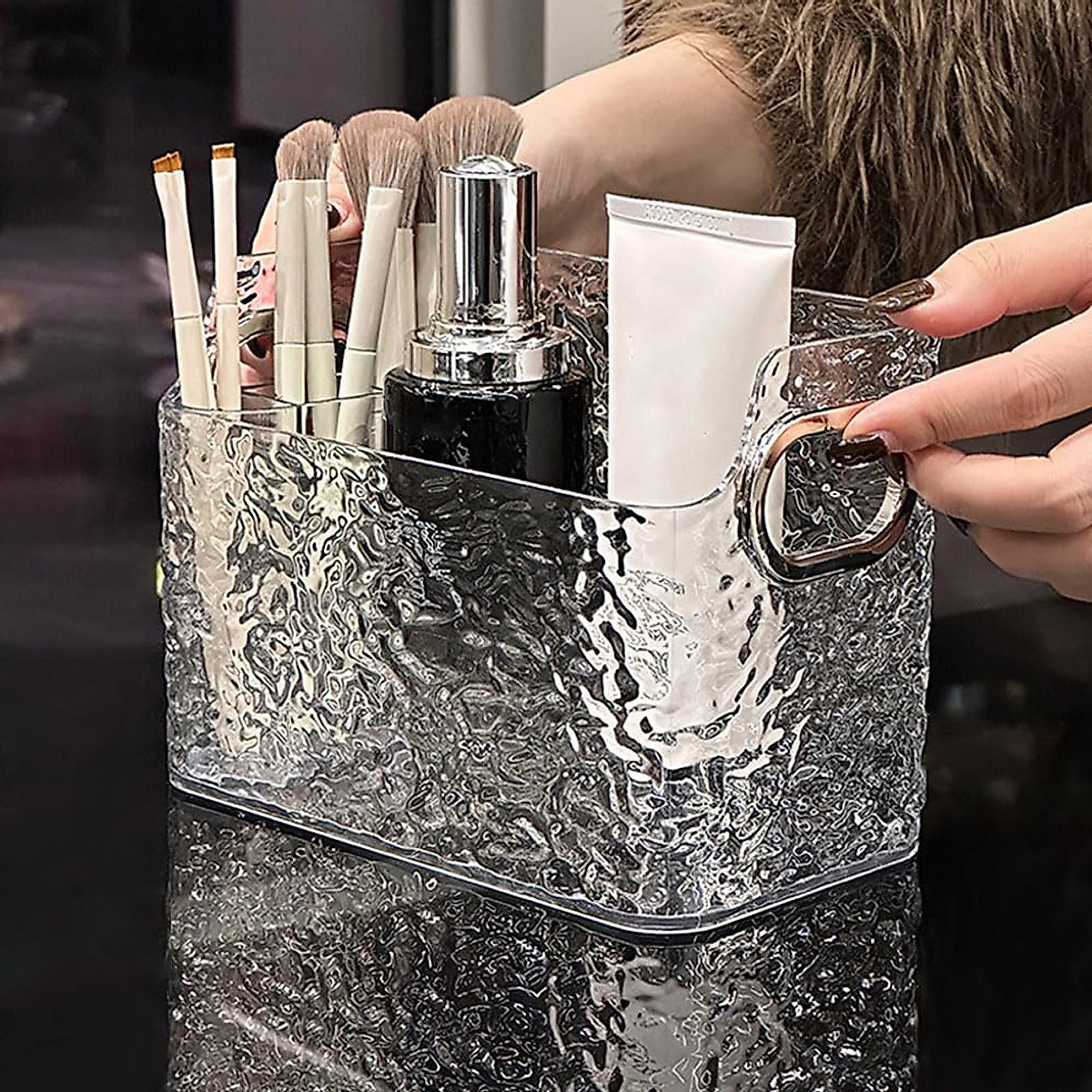 Himilucky Bathroom Vanity Tray, Makeup Organiser, Skincare Organiser Beauty Caddy Storage Box for Dresser & Bathroom, Decorative Dresser Tray, Vanity Organiser with 1 Movable Inner Case, Clear