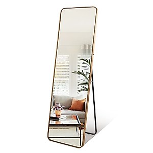 PHAREGE Brass Gold Full Length Mirror with Stand, 60x18 inch Full Body Size Standing Mirror for Bedroom Floor, Anti-Slip Bottom