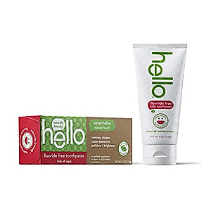 Hello Oral Care Kids Fluoride Free and SLS Free Toothpaste Twin Pack with BPA-Free Kids & Toddler Toothbrush, Natural Watermelon