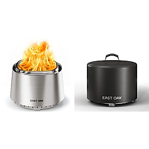EAST OAK Pan Stove 21 Inch Fire Pit, Chisel Steel & 21 Inch Pan Stove Fire Pit Cover, 21.26" Dia X 13.97" H, Black