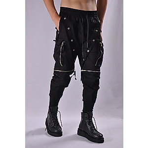 MOKEWEN Men's Women Rivet Zipper Decorate Pockets Cargo Jogger Active Pants 32-33