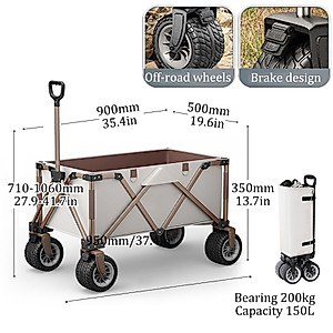 YJSG Collapsible Folding Wagon Garden Cart,Garden Carts,Beach Wagon Grocery Wagon Wagon Sports with Adjustable Drawbar Beach Wagon Cart 200Kg Load Universal Wheel Camping Cart,(d) White Coffee