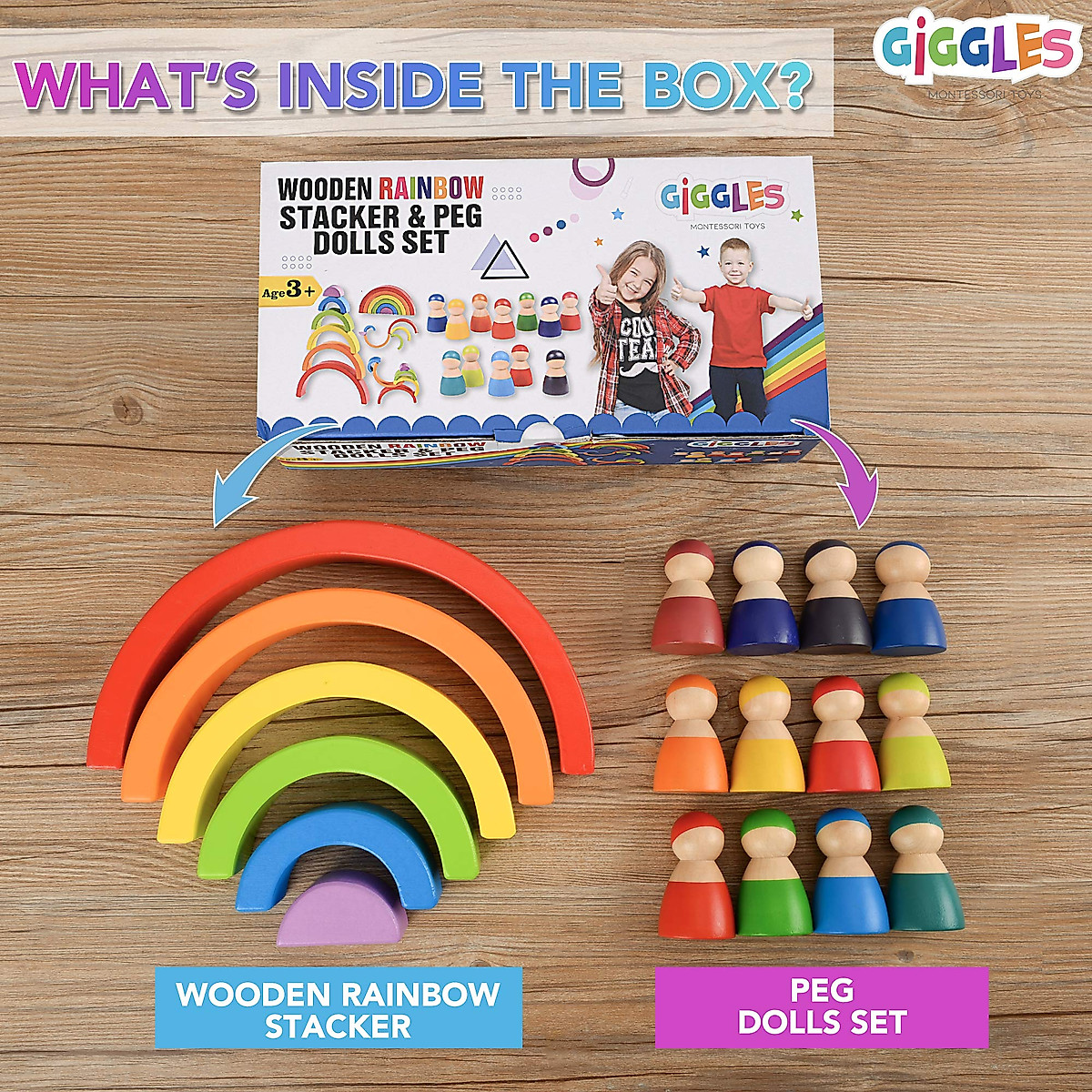 Wooden Rainbow Stacking Toy Playset – 6 Colorful Stacking Blocks & 12 Wooden People, Rainbow Baby Toy, Rainbow Stacker & Brain Development – Rainbow Toy & Puzzle Montessori Rainbow
