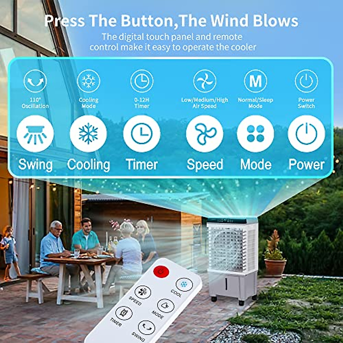 Evaporative Air Cooler, KEGIAN Swamp Cooler with 5.3 Gallon Water Tank, Remote Control, 12 H Timer - Efficient, 3 Modes & Speeds, Humidifying,110° Oscillation,and Portable 3-IN-1 Cooling Fan for Bedroom Home Office