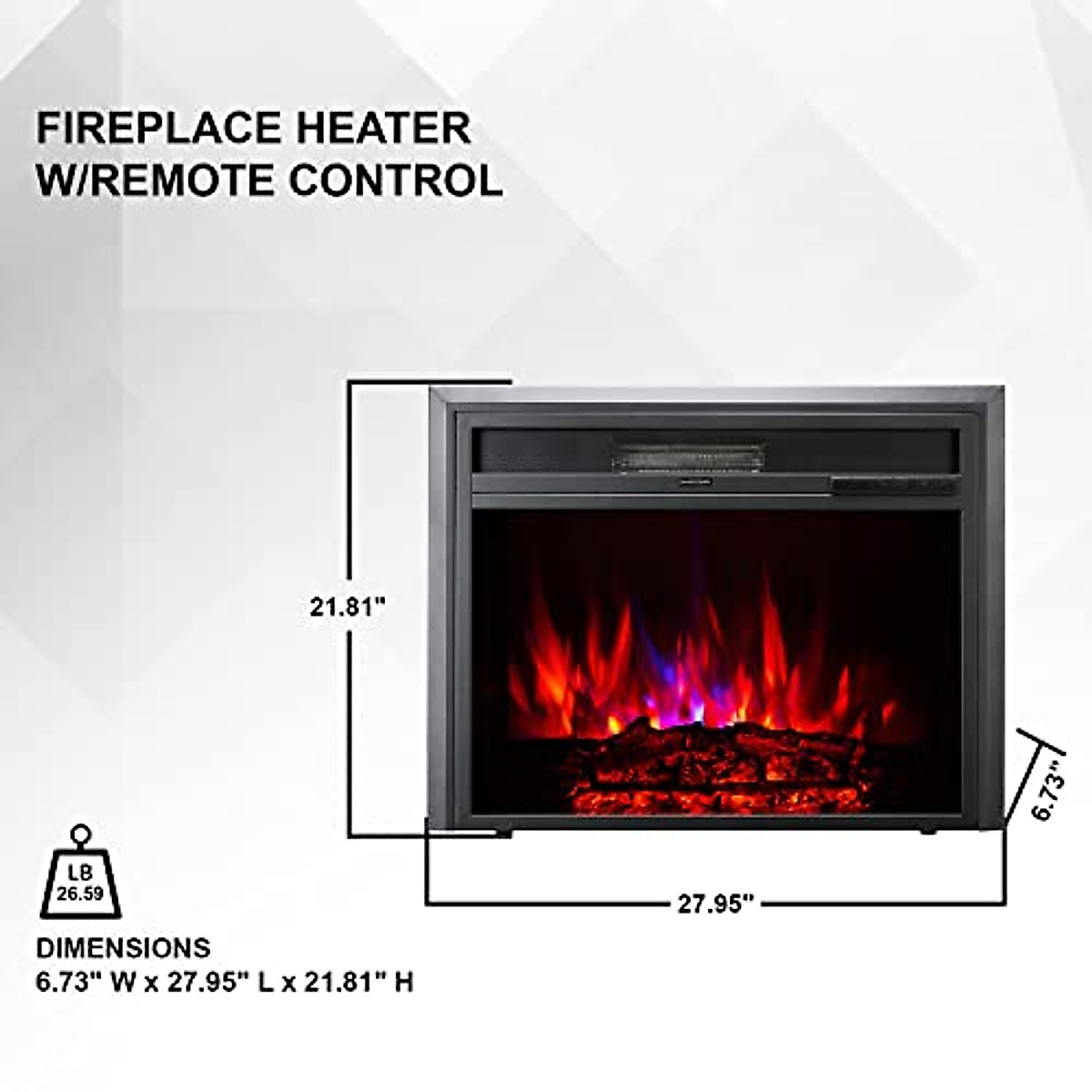 XBrand 28 Inch Long Black Glass and Steel Indoor Insert Electric Fireplace Heater with Remote Control, LED Rolling Flame Effect, and Temperature Limiting Control