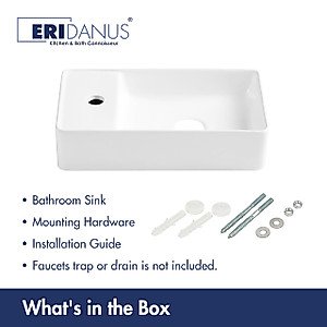 Bathroom Sink 18" x 10" Rectangle, Eridanus Wall Mount Vessel Sink Floating, Modern White Ceramic Porcelain Vitreous Countertop Wash Basin Wall Hang Bowl Space Saving Small Sinks