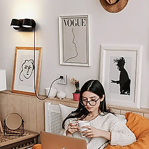 Sytmhoe Modern Black Double Head Dimmable LED Wall Sconce, Bedroom Wall Light with USB, Plug-in Installation, 12W, 10.24x3.94x5.12in