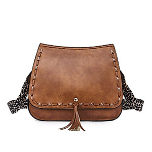 Women Shoulder Crossbody Purse with Wide Guitar Strap, Tassel Design Handbags Vintage Satchel Purse, Brown