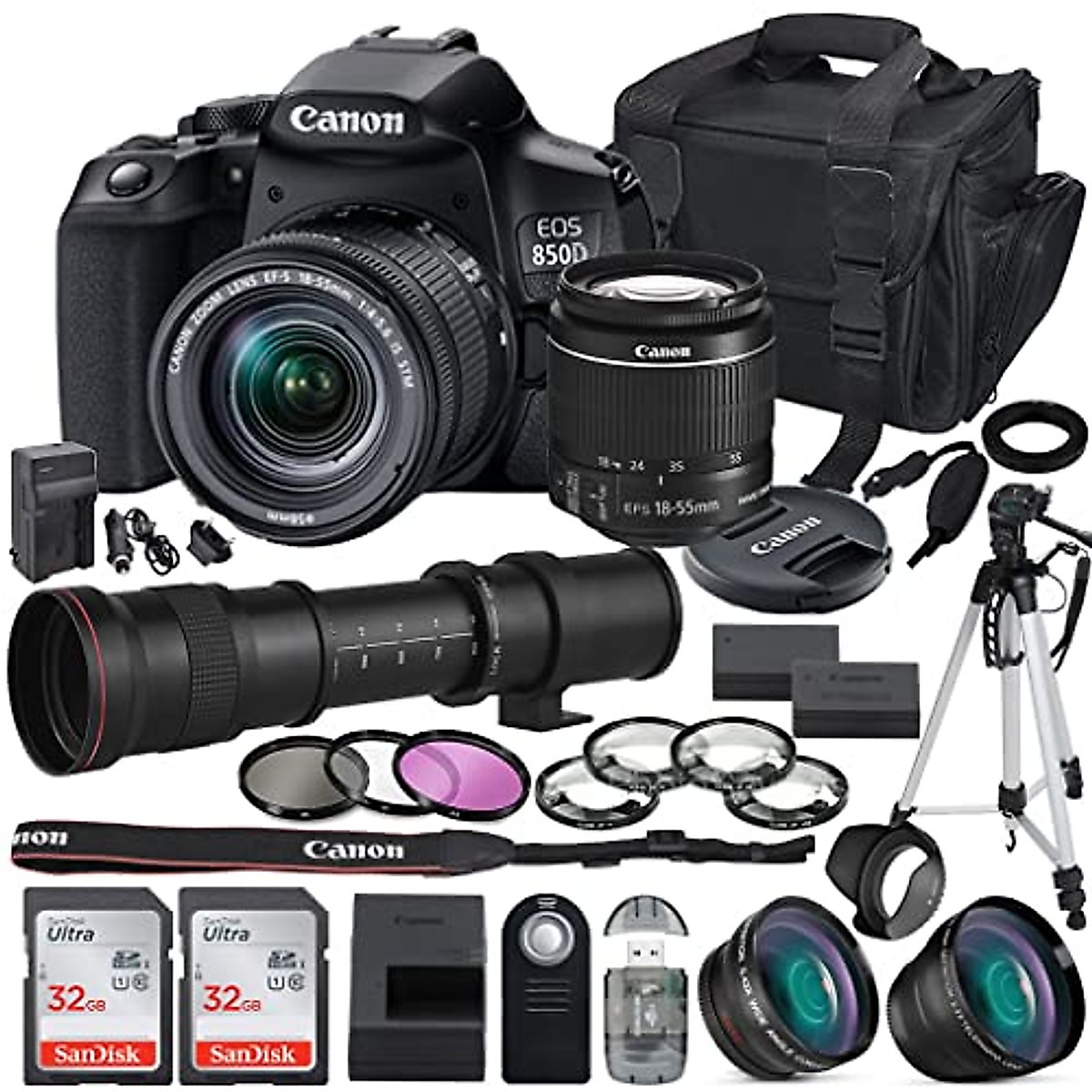 Canon EOS 850D (Rebel T8i) DSLR Camera with 18-55mm Lens Bundle + 420-800mm MF Zoom Lens + 2X 32GB Sandisk Memory + Accessory Bundle Including Auxiliary Lenses, Tripod, Camera case & More