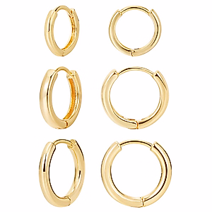 3 pairs 14K Gold Plated Huggie Hoop Earrings, Minimalist Gold, Simple 3 sizes Earrings for Women Men gift
