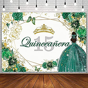 Sendy 7x5ft Quinceanera 15th Birthday Backdrop for Sweet Girl Mis Quince Anos 15th Birthday Party Decorations Green Gold Glitter Floral Crown Butterfly Banner Photography Background Cake Table Props