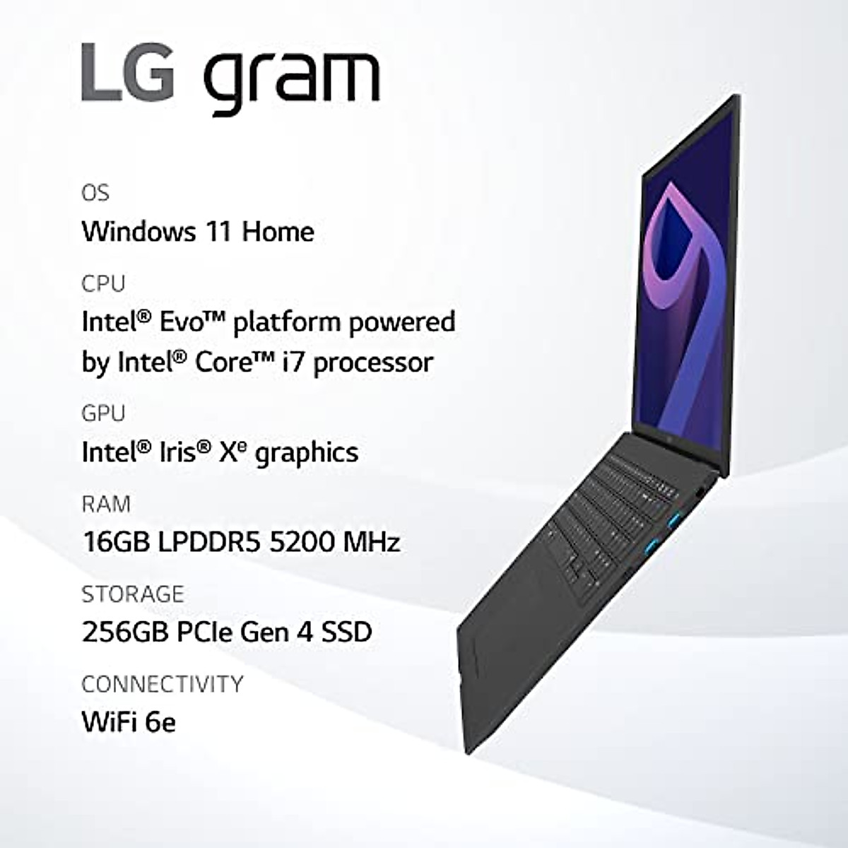 LG gram (2022) Laptop 16Z90Q 16" Display, Intel Evo 12th Gen Core i7, 16GB RAM, 256 GB SSD, Windows 11, Black