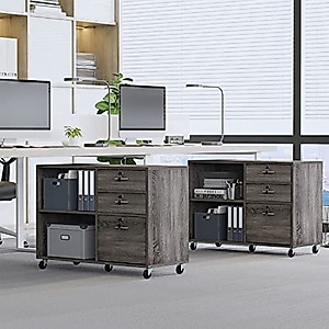 YITAHOME Wood File Cabinet, 3 Drawer Mobile Lateral Filing Cabinet, Storage Cabinet Printer Stand with 2 Open Shelves for Home Office Organization,Dark Grey