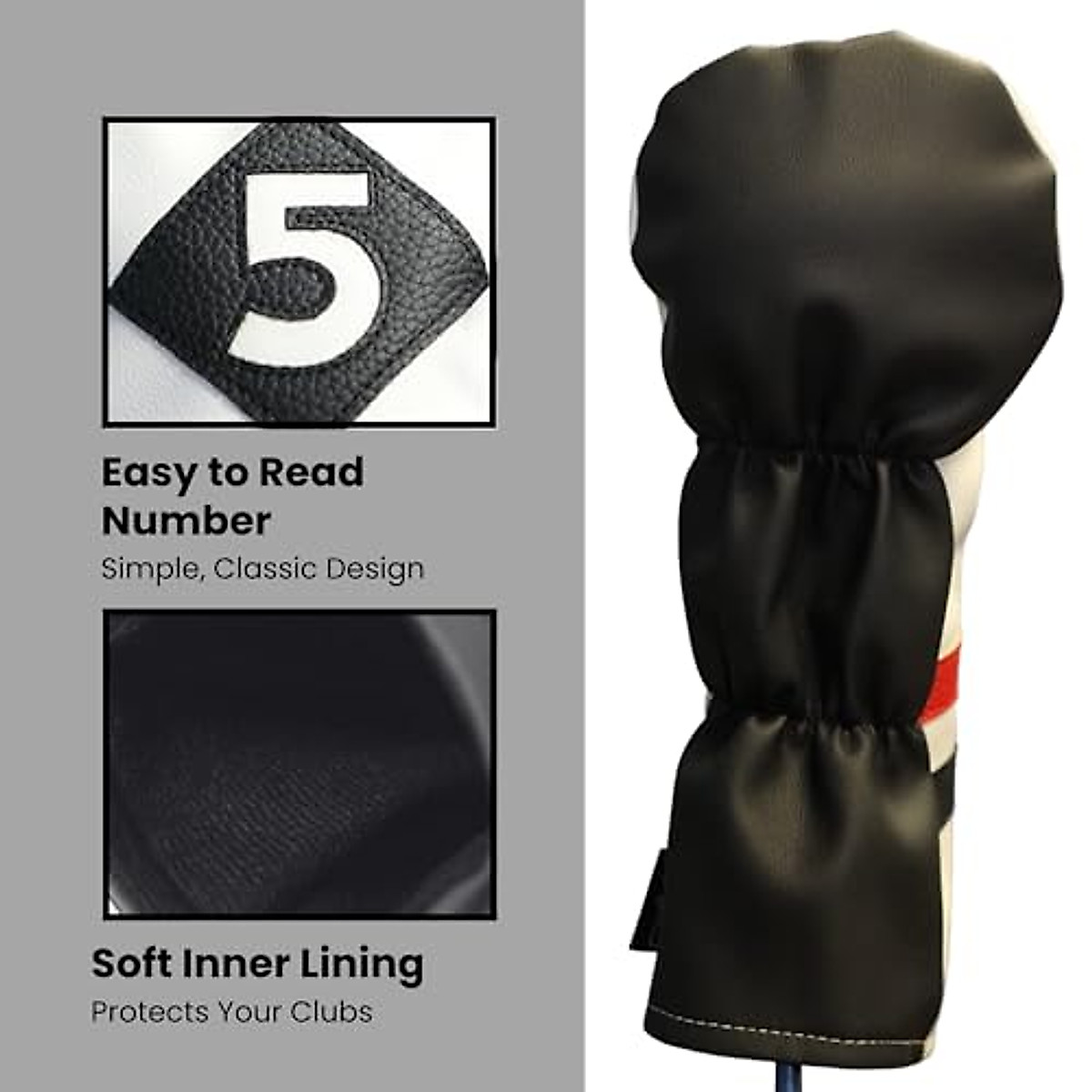 Majek Retro Golf Headcover White Red and Black Vintage Leather Style #5 Fairway Wood Head Cover Classic Look