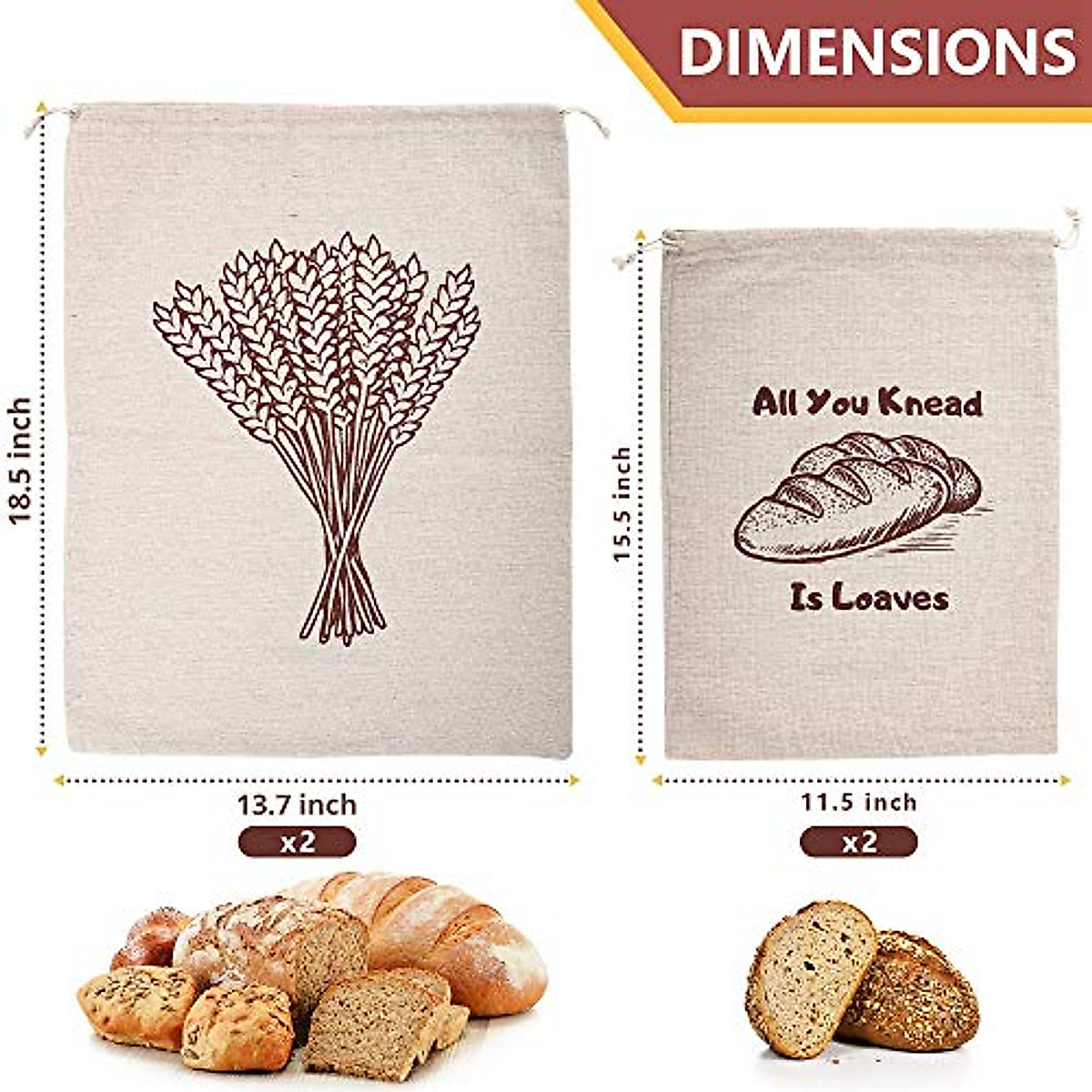 Linen Bread Bags, Pack of 4 Large and Extra Large Natural Unbleached Bread Bags, Reusable Drawstring Bag for Loaf, Homemade Artisan Bread Storage, Linen Bags for Food Storage, Ideal Gift for Bakers