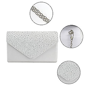Goclothod Evening Envelope Women Rhinestone Satin Clutch Purse Cocktail Wedding Party Bridal Handbag White