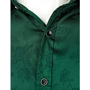 ZEROYAA Men's Hipster Floral Jacquard Long Sleeve Satin Silk Like Button Up Dress Shirts for Party Prom ZHCL55 Dark Green Small