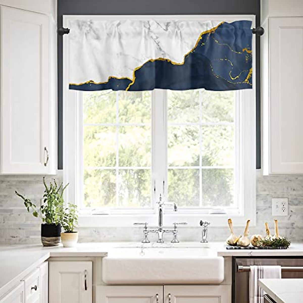 Vograud Valances for Windows, Abstract White and Navy Blue Marble with Gold Line Rod Pocket Kitchen Curtains Valances, Short Window Valances for Living Room Bathroom 42” x 18”
