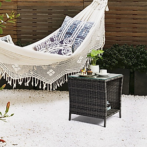VINGLI Outdoor Wicker Side Table Patio Side Tables for Outside, Tempered Glass Top Wicker Table with Storage End Table for Balcony Porch Deck (Grey)