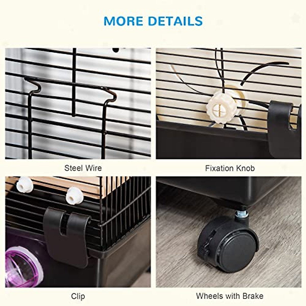 PawHut 2-Tier Hamster Cage, Small Animal Habitat for Rats, Gerbils, Mesh Wire Ventilated Enclosure with Exercise Wheel, Water Bottle, and Food Dishes