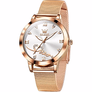 OLEVS Ladies Watch Fashion Rose Gold Diamond Analog Quartz Female Luxury Dress Wrist Watch Stainless Steel Luminous Waterproof Date Gift Watch for Women White Face reloj para Mujer