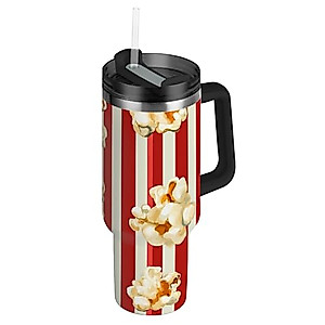 Selerdon 40 oz Tumbler Popcorn Red Striped with Handle and Straw Lid Vacuum Stainless Steel Insulated Water Bottle Travel Mug Car Cup Holder Friendly BPA Free for Gym Travel Office