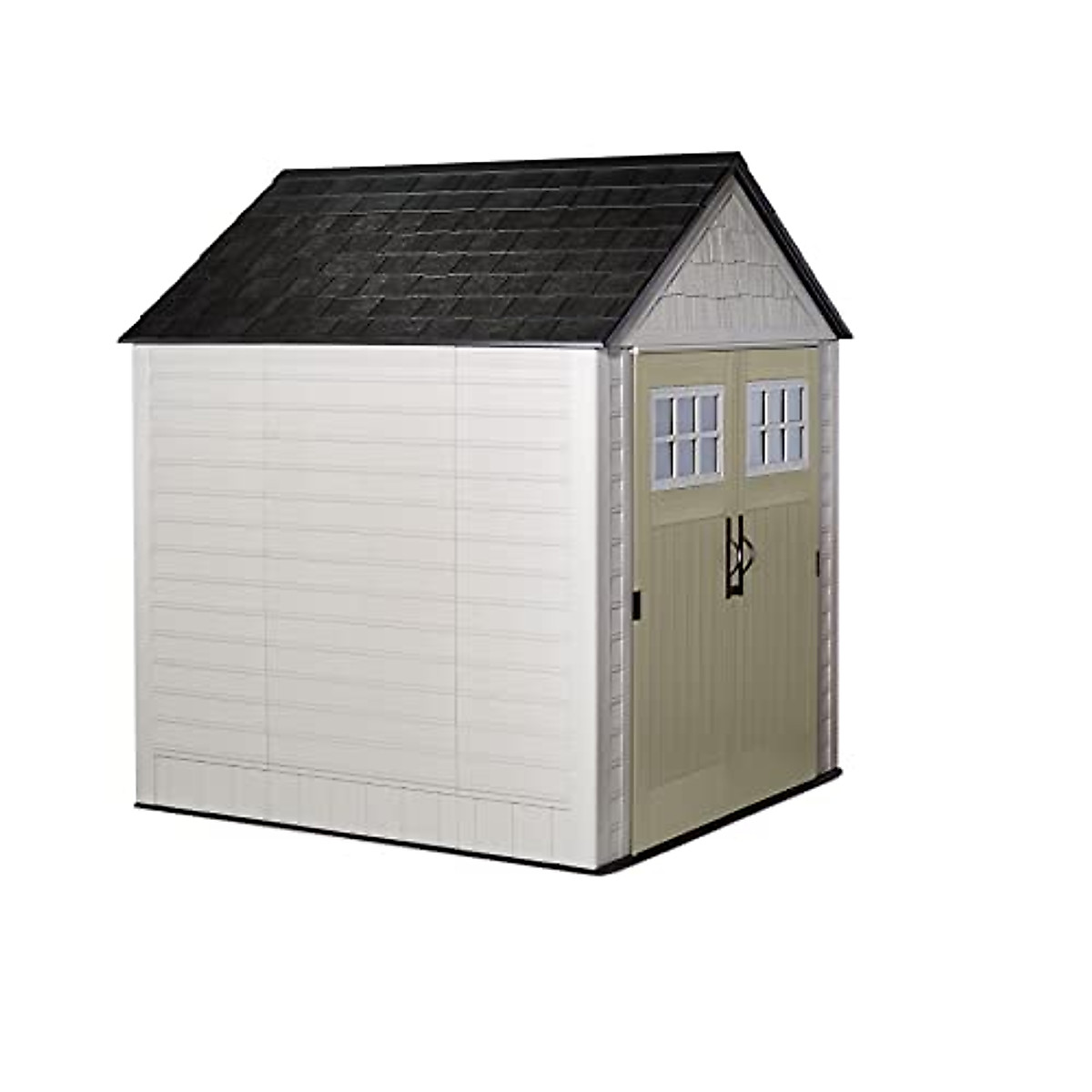 Rubbermaid Resin Weather Resistant Outdoor Storage Shed, 7 x 7 ft. , Faint Maple/Onyx/Sandstone, for Garden/Backyard/Home/Pool