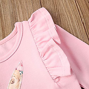 Newborn Baby Girls Easter Outfit Long Sleeve Bunny Print Romper + Floral Pants + Bow Headband 3pcs Set (Light Pink, 6-12m)