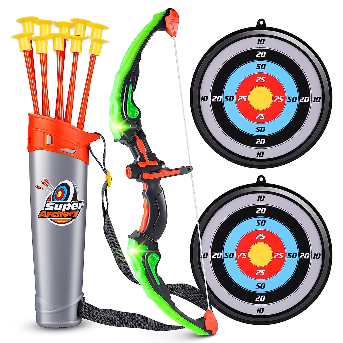 Bow and Arrow for Kids with LED Lights - Kids Archery Set includes 1 Bow, 10 Suction Cups Arrows, 2 Targets and Quiver, Play Indoor and Outdoor for Boys Girls Aged 3 4 5 6 7 8-12 Years