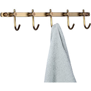 WINCASE Brass Towel Hook Rack, Brushed Brass Wall Hook Rail, Antique Coat Hook Rail Hanger 5 Hooks Bathroom Robe Hooks Wall Mounted