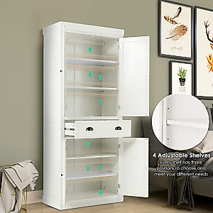 MAT EXPERT Kitchen Pantry Cupboard Cabinet, Storage Cabinet w/Drawers & Adjustable Shelves, 4-Door Wooden Storage Organizer for Kitchen (White)