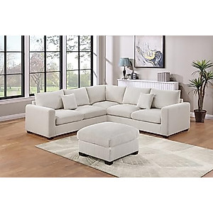 FANYE L-Shaped Sectional Sofa Couch Comfy Corduroy Upholstered Symmetrical Sofa&Couch Include Loveseats*2,Corner Wedge and Movable Ottoman for Living Room,Ivory White