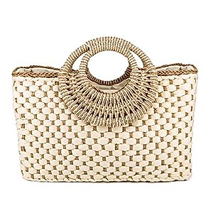 QTKJ Women Summer Retro Straw Bag with Zip Hand-woven Beach Handbag Top Round Handle Boho Tote Bag Shopping and Travel Large Bag (Beige 2)