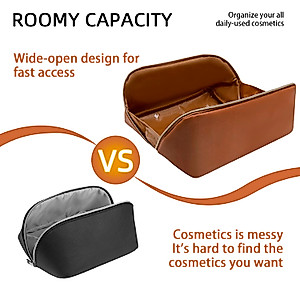 Makeup Bag,Large Capacity Travel Cosmetic Bag for Women, Multifunctional Open Flat Toiletry Bag with Handle,Washable Waterproof Beauty Zipper Makeup Organizer (Synthetic leather, brown)