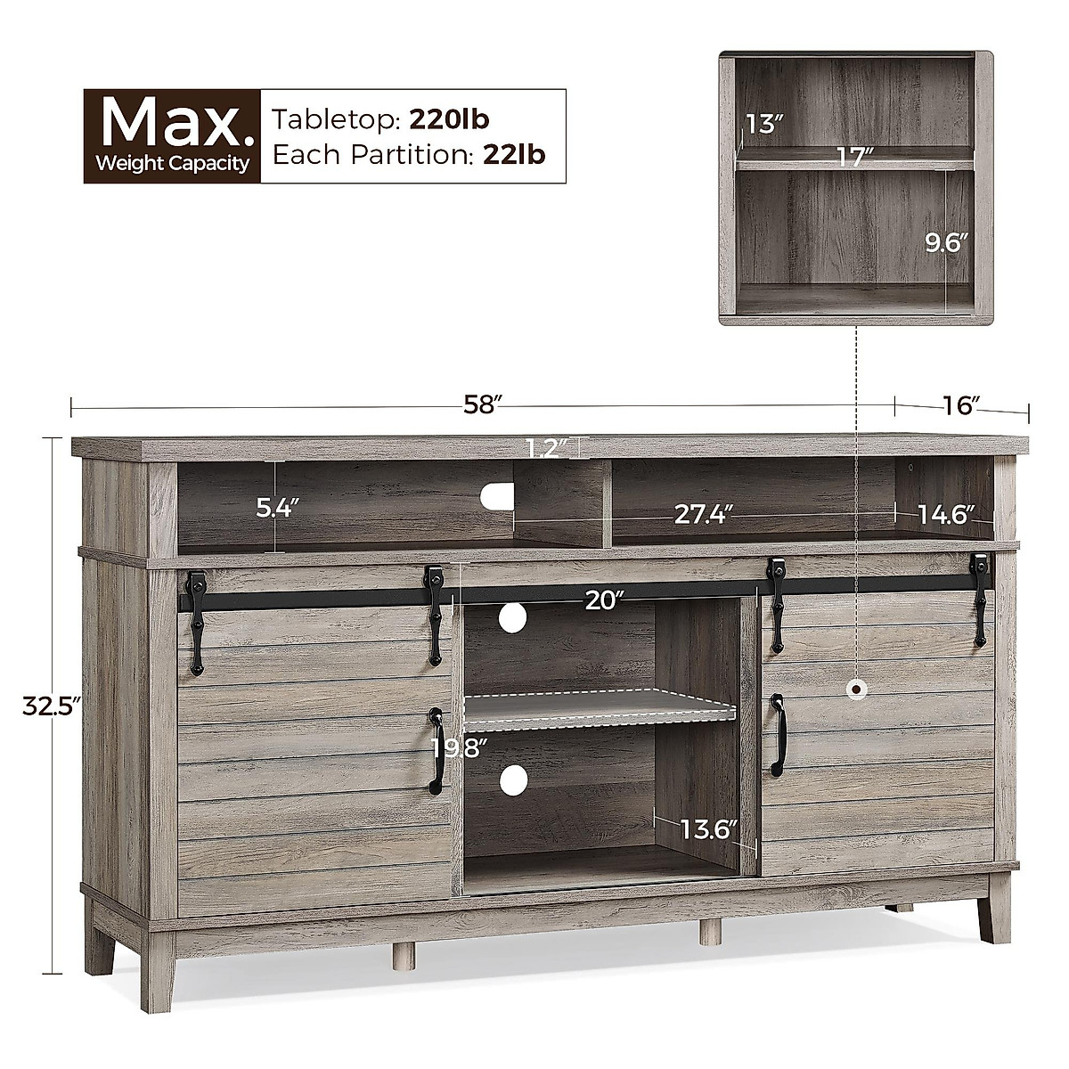 Yaheetech TV Stand with Sliding Barn Doors, Farmhouse TV Stand for TVs up to 65 Inch, Mid Century Media Entertainment Center for Living Room, 32.5 in H, Gray