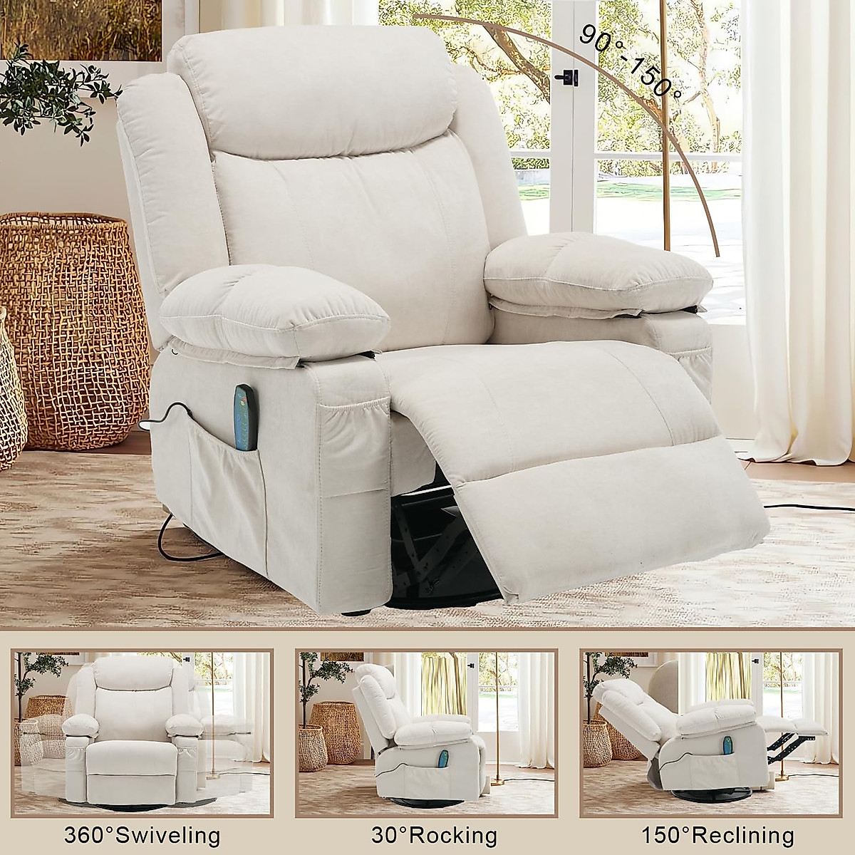 REFFICER Massage Recliner Chairs with Heat, Leather Reclining Chair with Cup Holders, Manual Oversized Rocker Recliner Single Sofa Couch, Overstuffed Theater Seating Recliner for Home Living