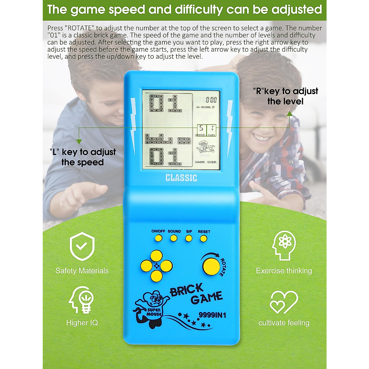 HLF 3.5-inch Large Screen Retro Brick Game Console for The 80s/90s Building Block Game Racing/Tank Game Built-in 23 Classic Games Nostalgic Puzzle Children's Game Console (Blue)