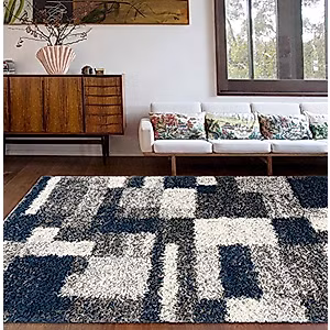Rugshop Distressed Modern Boxes Plush Shag Area Rug 7'10" x 10' Navy